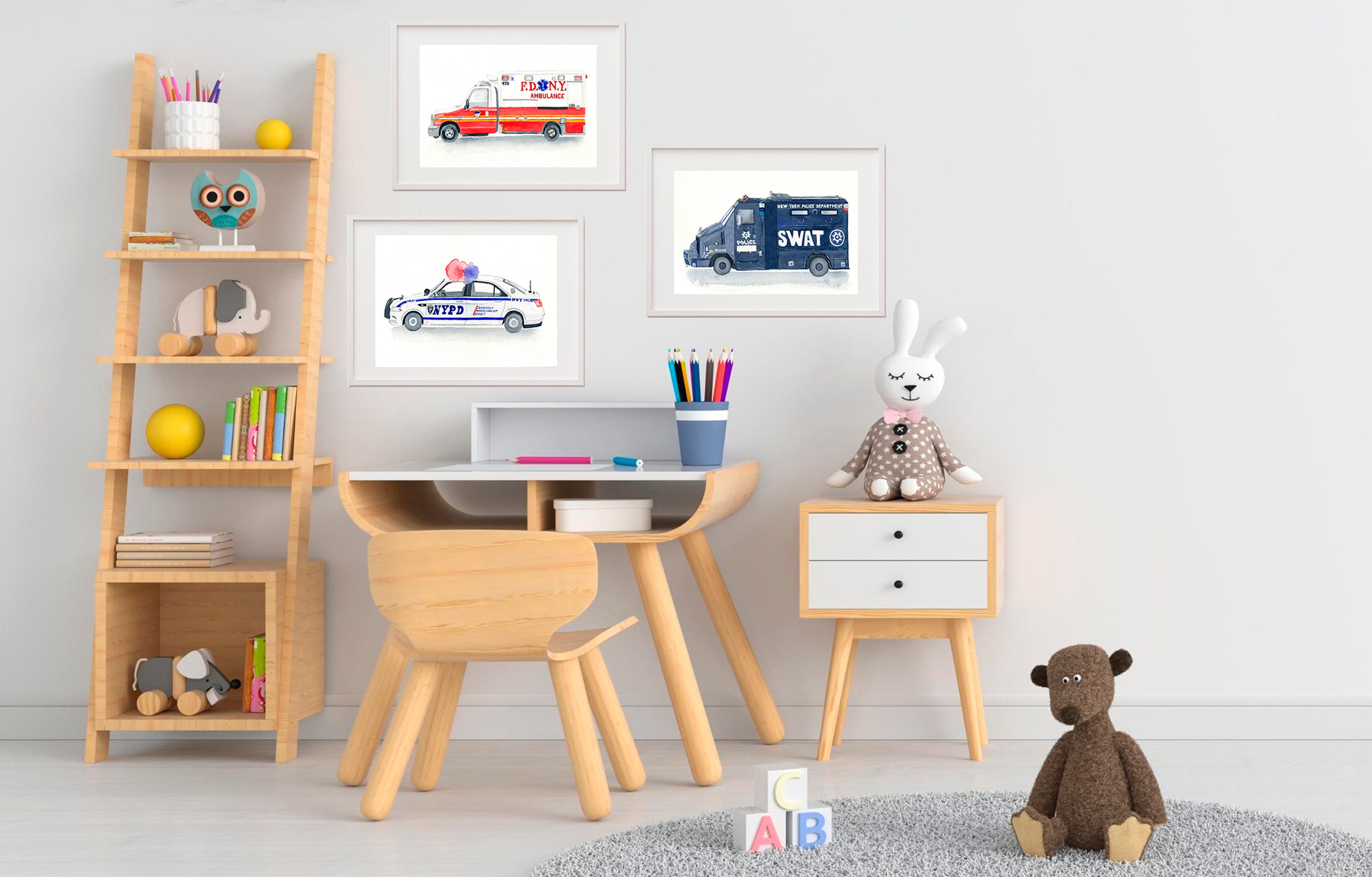 Kids Emergency Vehicle Decor, Vibrant Recue Vehicle Poster for Toddler ...