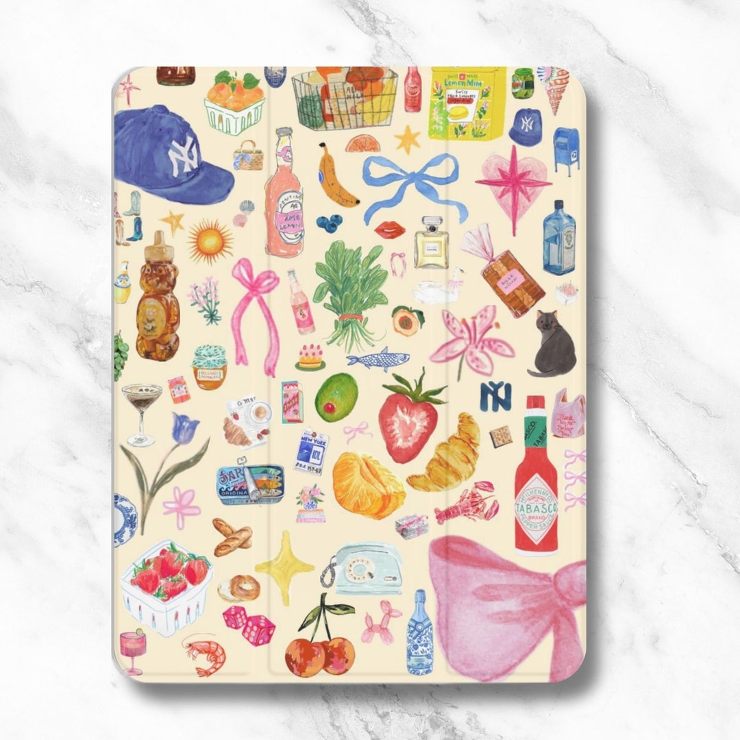 Cute Cartoon Drawings Aesthetic Scrapbook iPad Case With Pen Slot, Flip ...