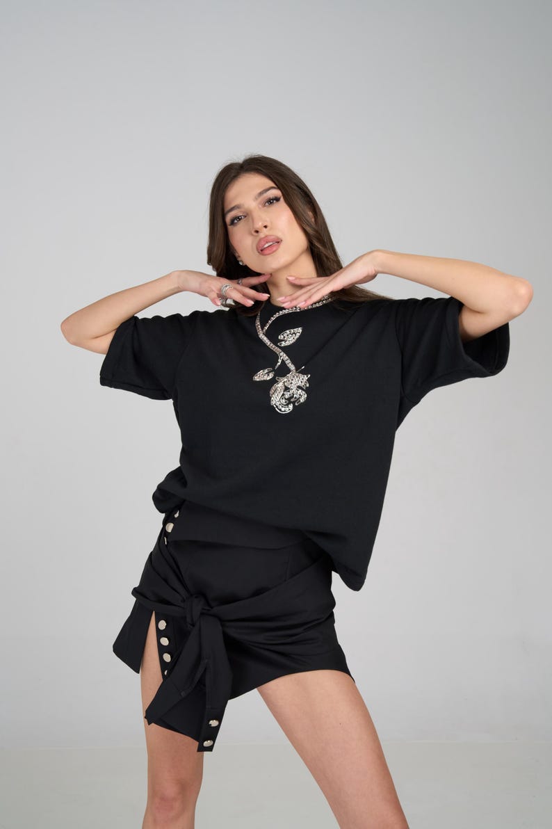 Rosette T-shirt – Oversized White Tee With Hand-sewn Rose & Crystal ...