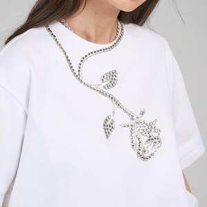 Rosette T-shirt – Oversized White Tee With Hand-sewn Rose & Crystal ...