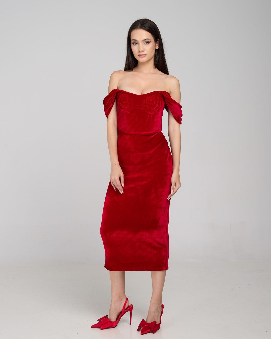 Roxanne Red Velvet Midi Dress | Figure-hugging Pencil Silhouette ...