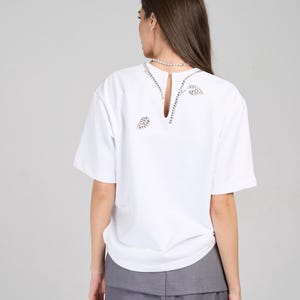 Rosette T-shirt – Oversized White Tee With Hand-sewn Rose & Crystal ...