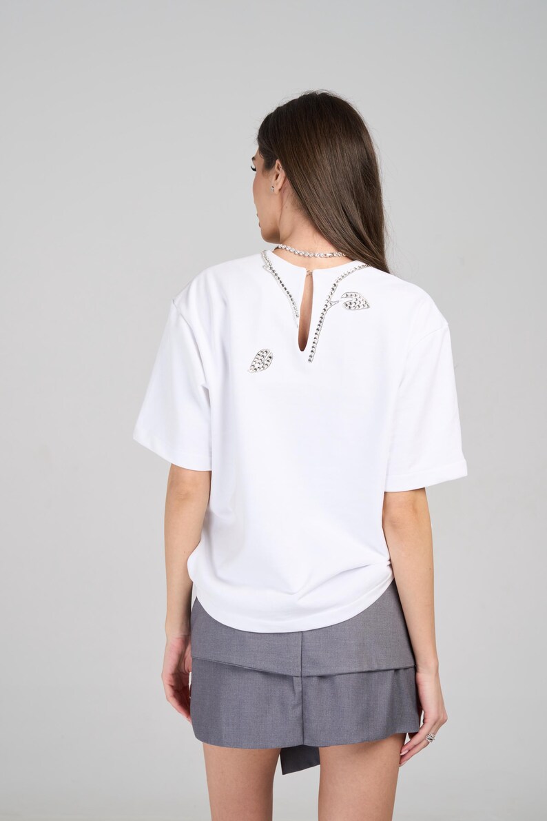 Rosette T-shirt – Oversized White Tee With Hand-sewn Rose & Crystal ...