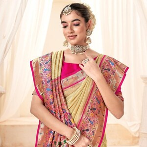 Light Yellow Woven Paithani Tissue Silk Saree With With Contrast Border ...