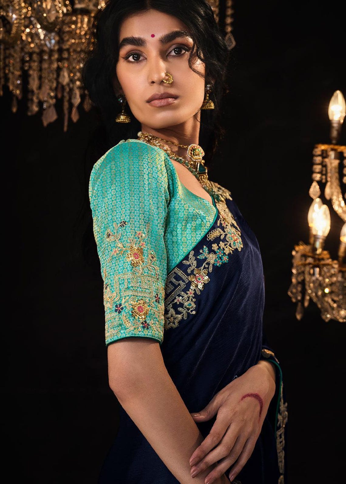 Navy Blue/aqua Blue Jimmy Cho Tissue Silk Saree Beautiful Embroidery ...