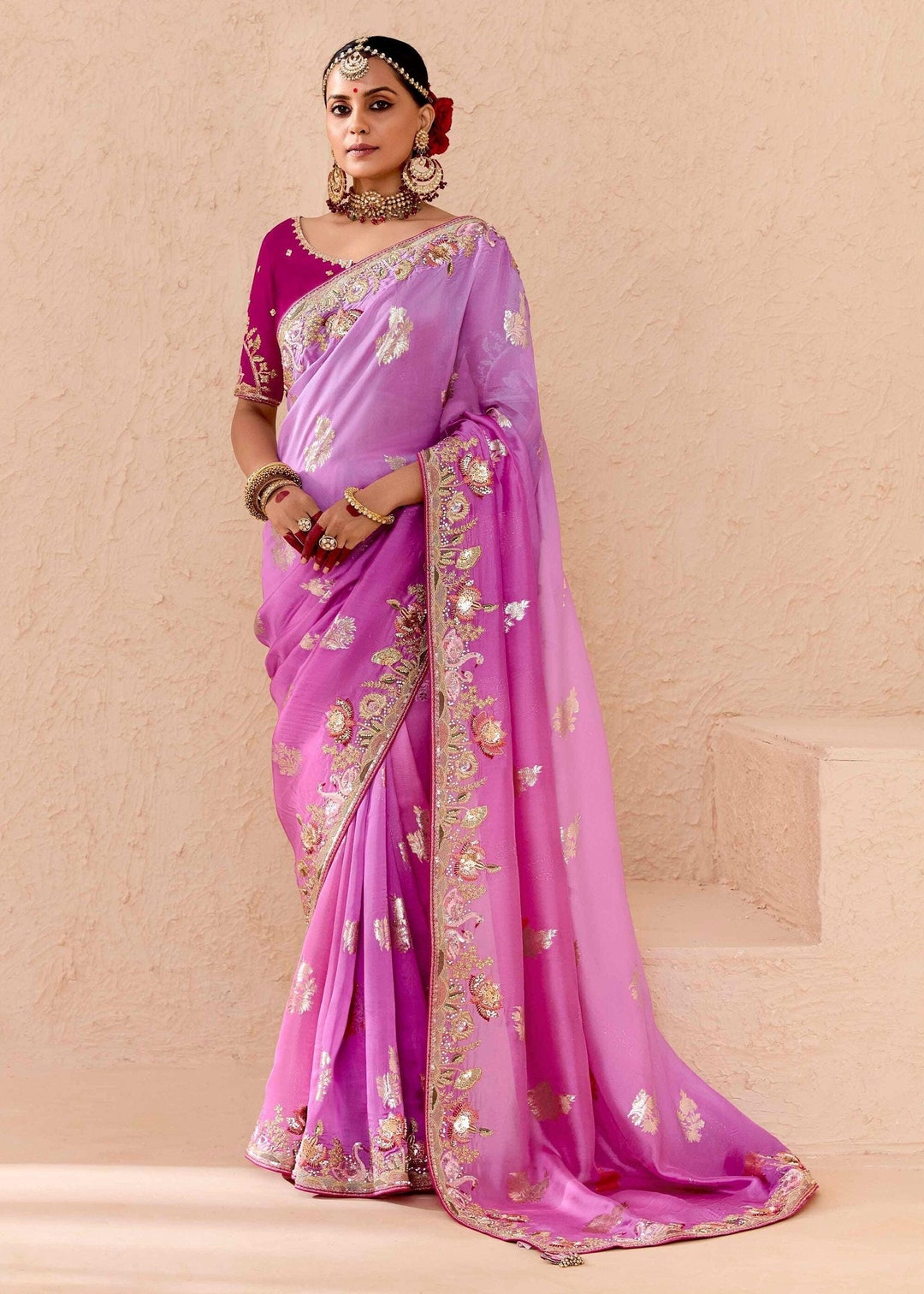 Shaded Pink Premium Designer Embroidery Silk Sarees With Designer ...