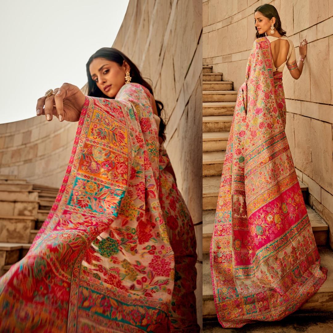 Kashmiri Jamewar Woven Saree: Multicolor Wedding Wear - Etsy