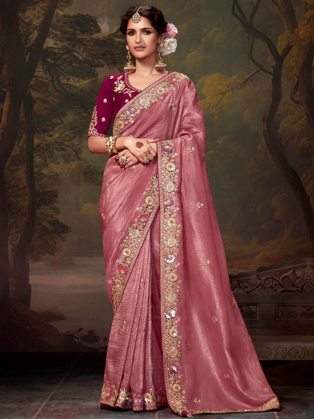 Dusty Pink Embroidered Work Organza Silk Wedding Wear Stunning Saree ...