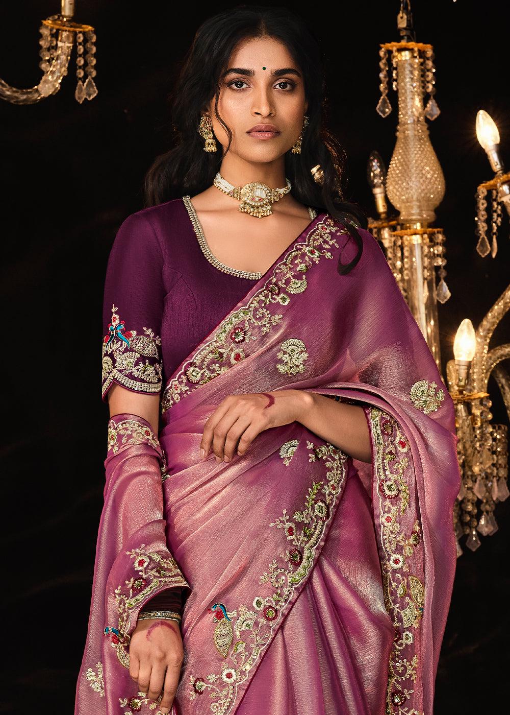 Twinkle Purple Jimmy Cho Tissue Silk Saree Beautiful Embroidery Border ...