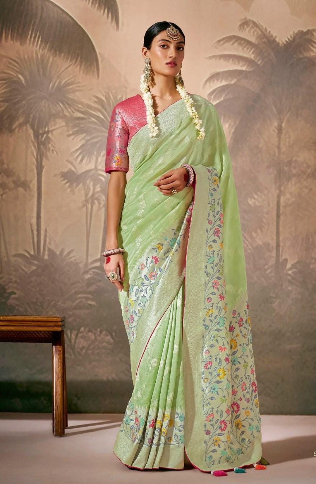 Pista Green Paithani Banarasi Style Munga Silk Saree With Zari Work and ...