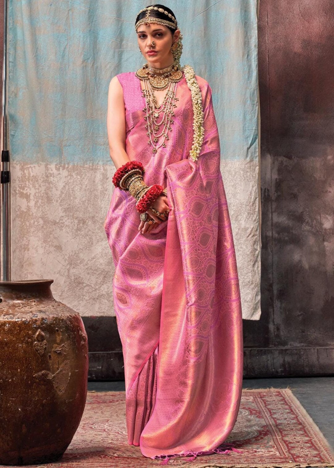 Pink Two Tone Kanjivaram Handloom Weaving Silk Saree for Women Festive ...