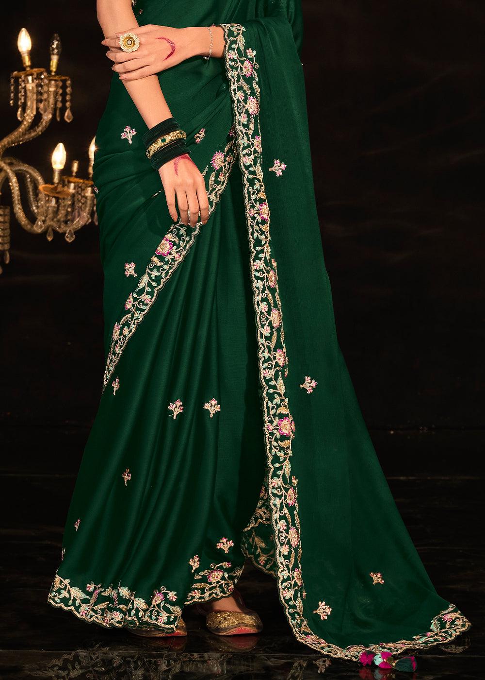 Royal Green Jimmy Cho Tissue Silk Saree Beautiful Embroidery Border ...