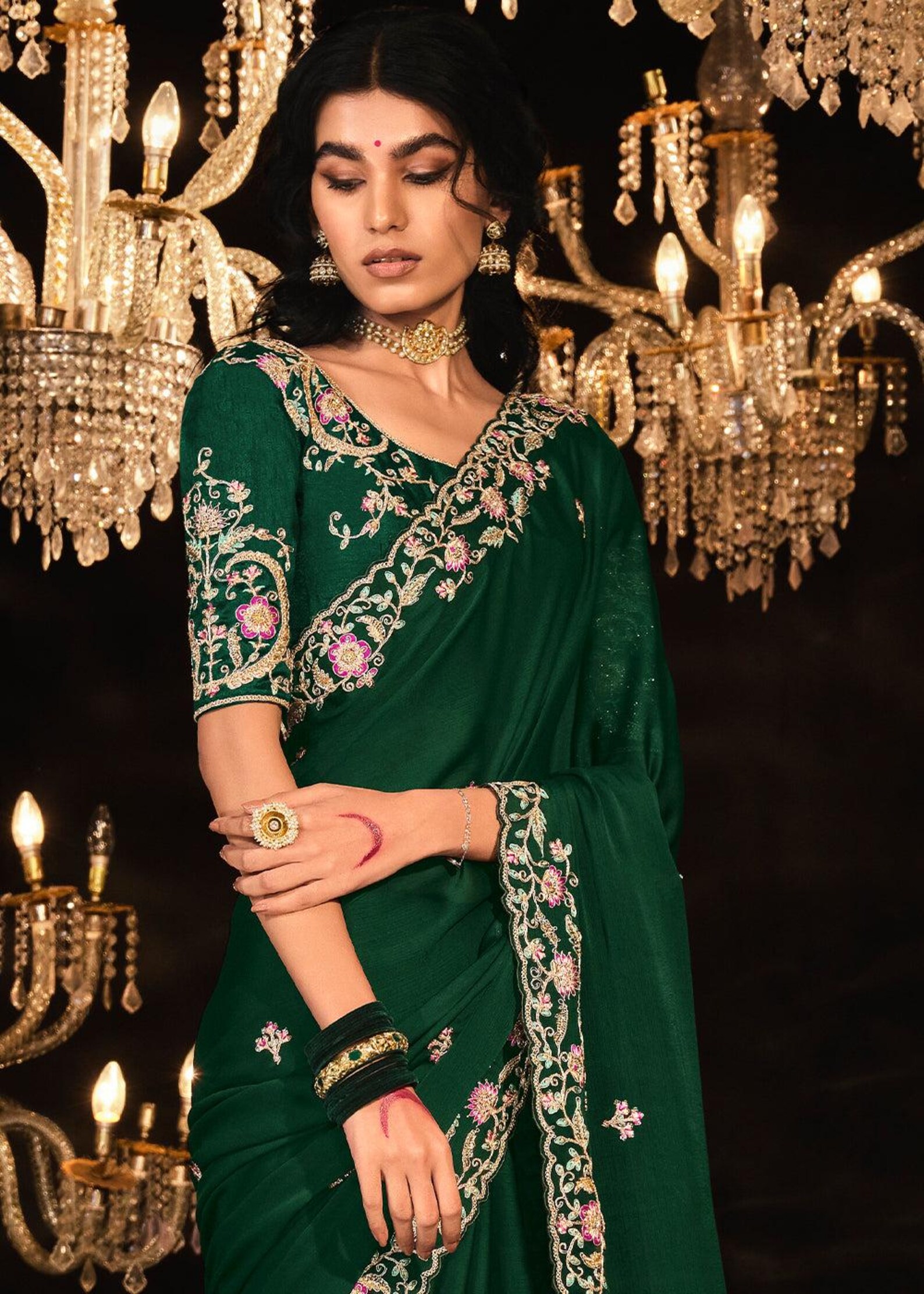 Royal Green Jimmy Cho Tissue Silk Saree Beautiful Embroidery Border ...