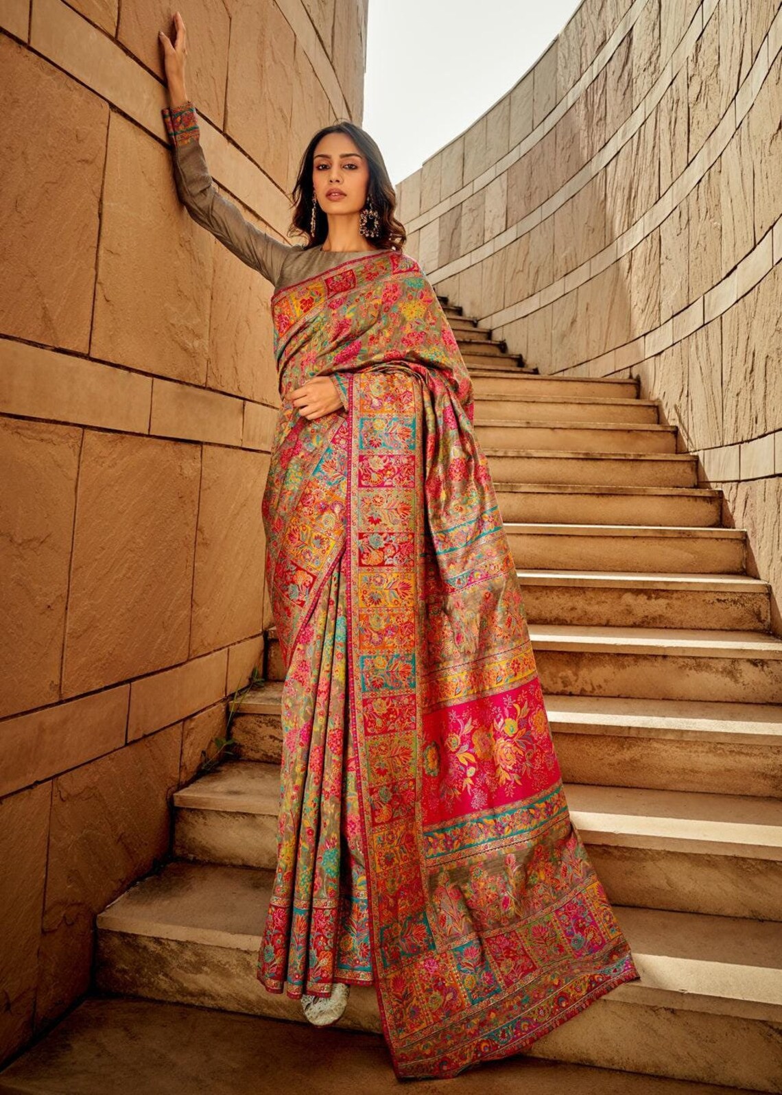 Multicolor Brown Jamewar Kashmiri Weaving Pashmina Sari With Beautiful ...