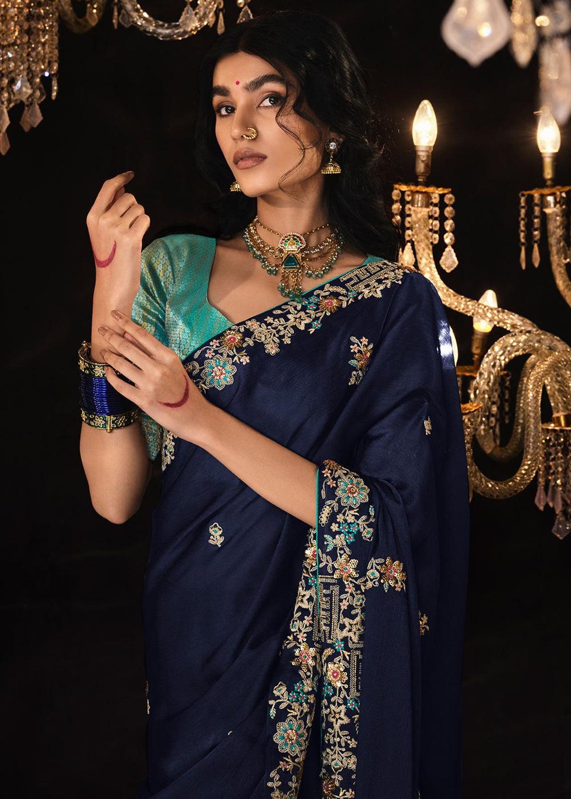 Navy Blue/aqua Blue Jimmy Cho Tissue Silk Saree Beautiful Embroidery ...