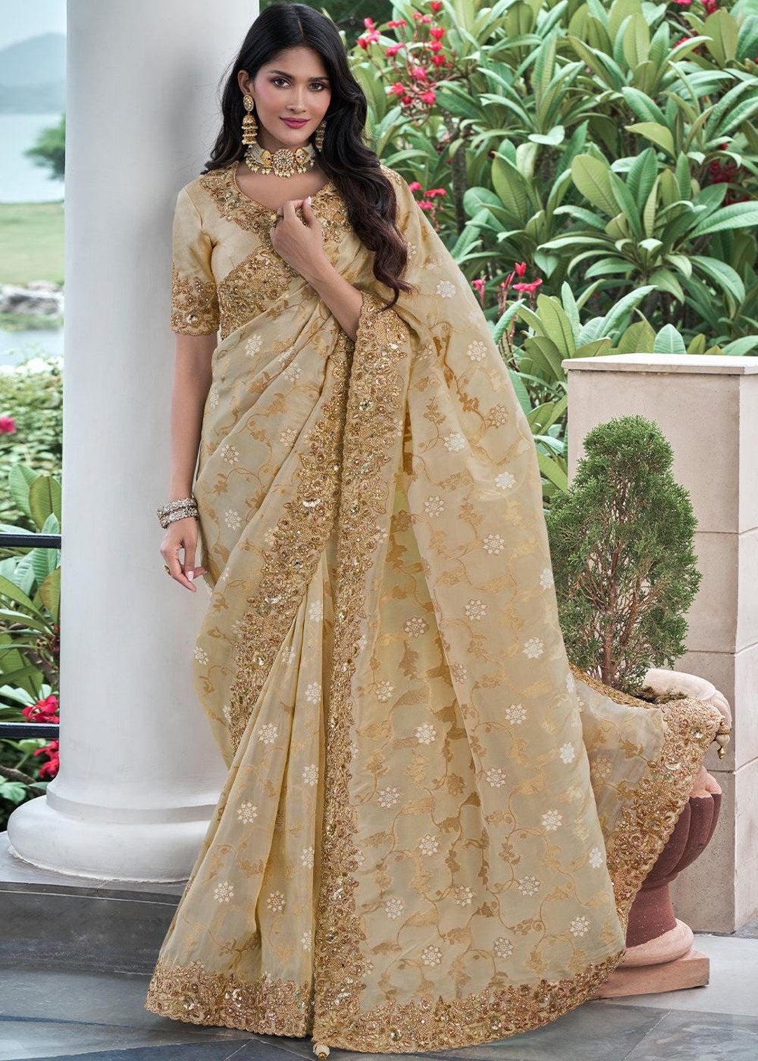 Off White Tissue Silk With Embroidery,stone,pearl,mirror Work on Border ...