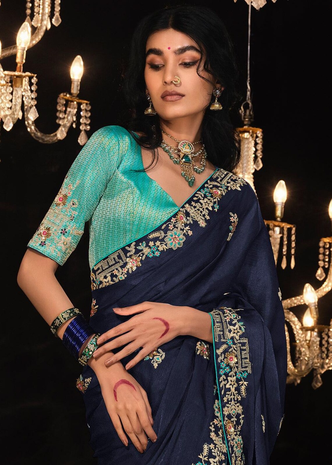 Navy Blue/aqua Blue Jimmy Cho Tissue Silk Saree Beautiful Embroidery ...