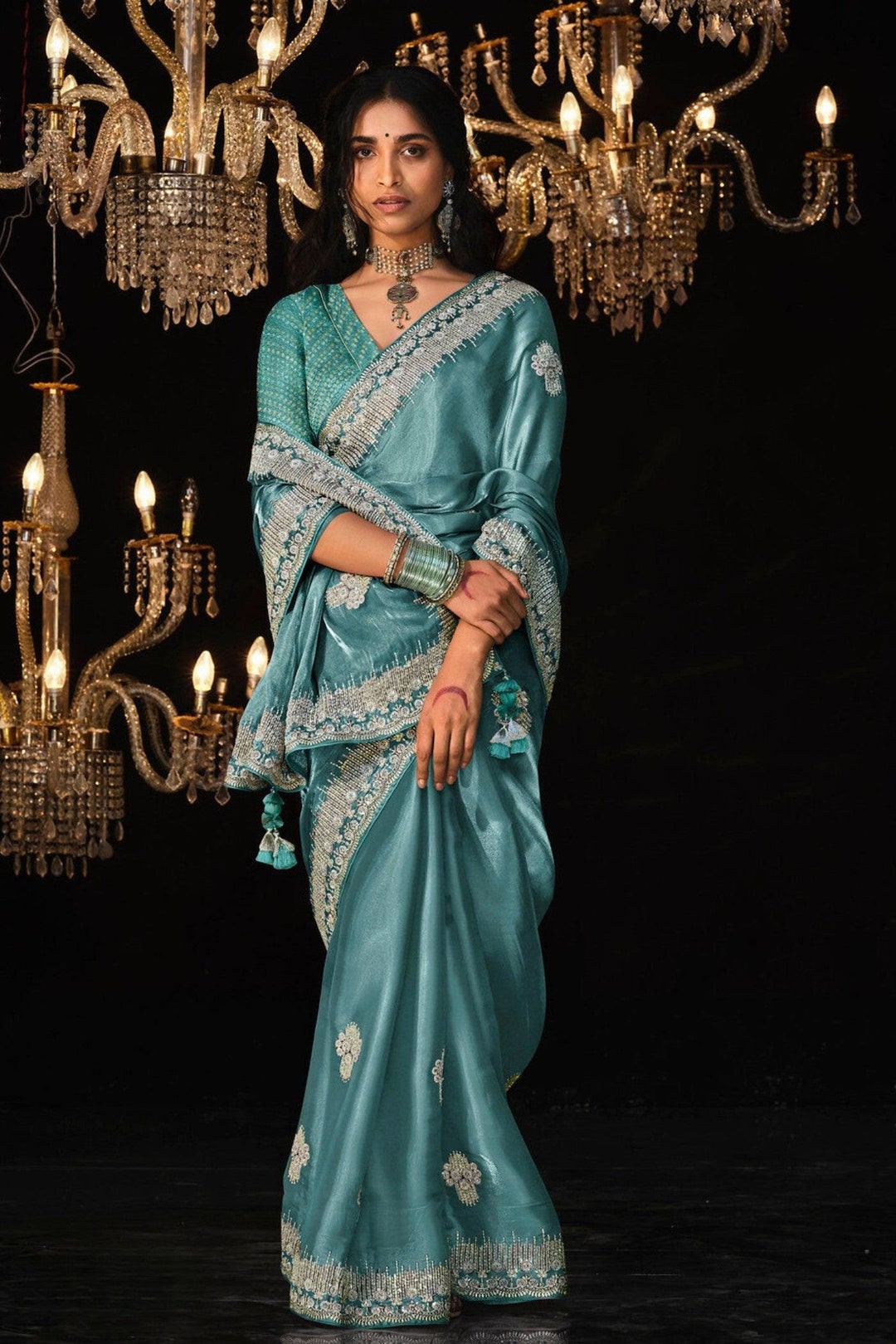 Baby Blue Soft Tissue Silk Saree Beautiful Embroidery Border Work and ...