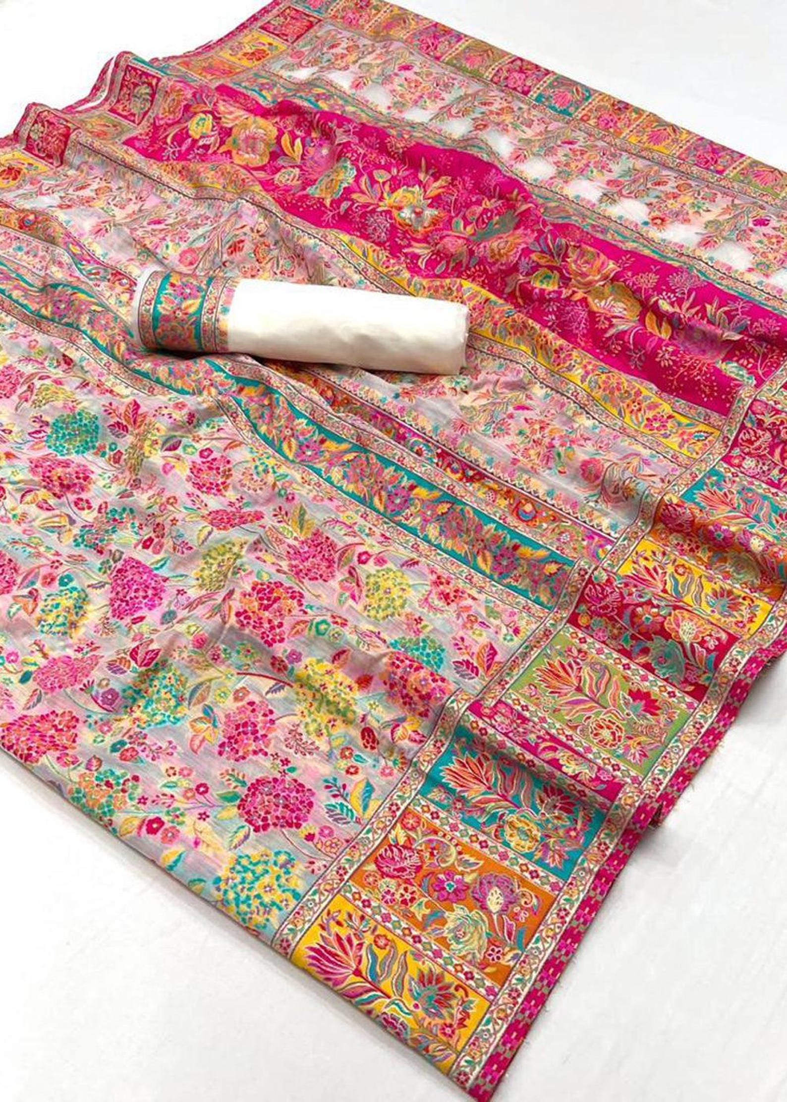 White Multicolor Jamewar Kashmiri Weaving Pashmina Sari With Beautiful ...