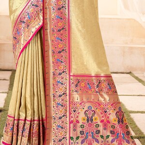 Light Yellow Woven Paithani Tissue Silk Saree With With Contrast Border ...