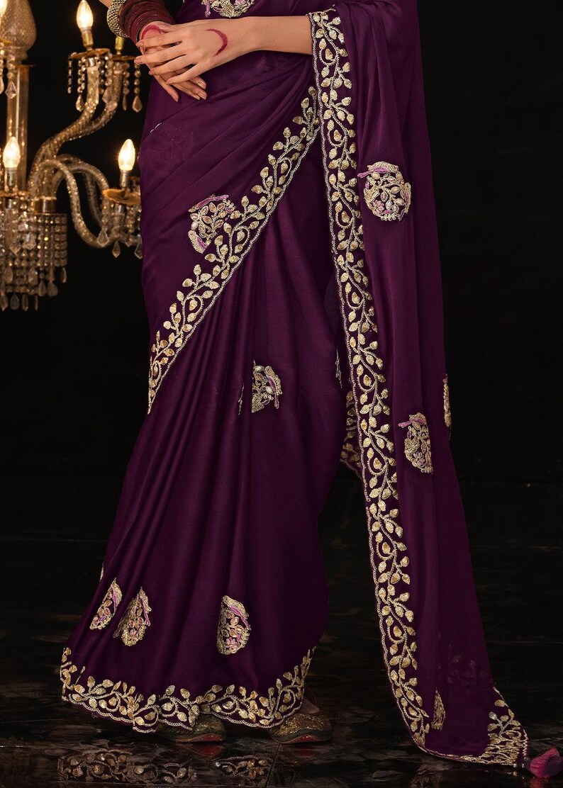 Purple Wine Jimmy Cho Tissue Silk Saree Beautiful Embroidery Border ...