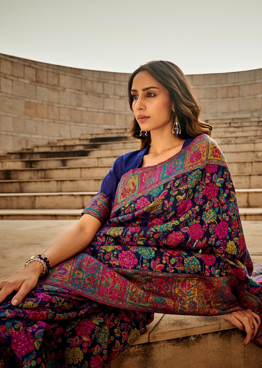 Multicolor Navy Blue Jamewar Kashmiri Weaving Pashmina Sari With ...