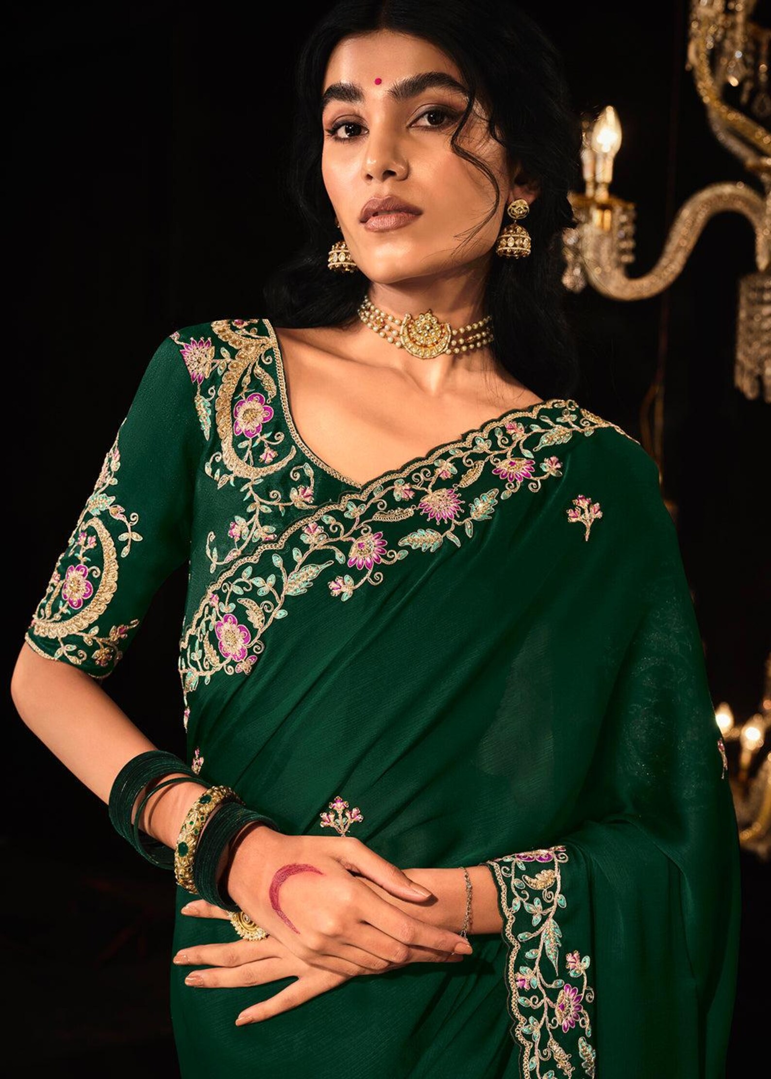 Royal Green Jimmy Cho Tissue Silk Saree Beautiful Embroidery Border ...