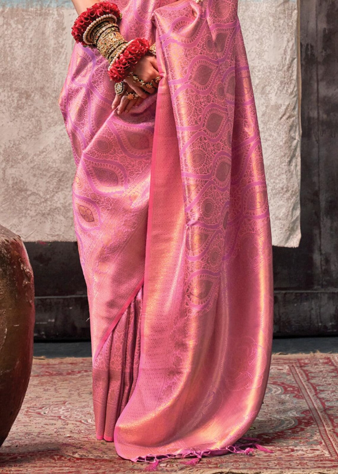 Pink Two Tone Kanjivaram Handloom Weaving Silk Saree for Women Festive ...