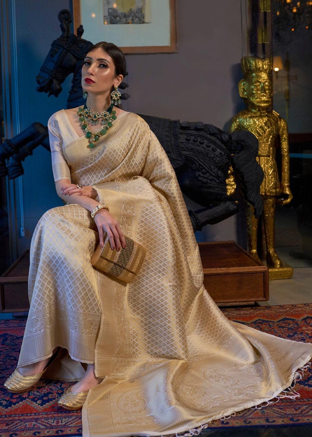 Golden White Soft Banarasi Weaving Silk Saree With Pretty Border and ...