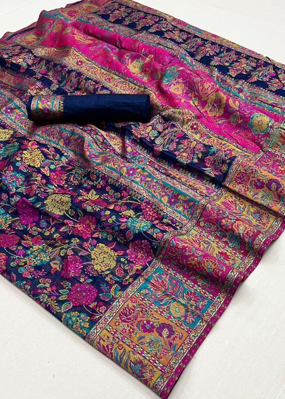 Multicolor Navy Blue Jamewar Kashmiri Weaving Pashmina Sari With ...