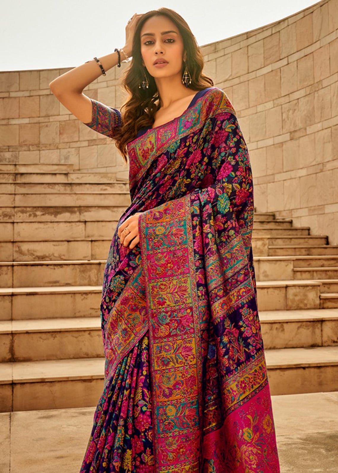 Multicolor Navy Blue Jamewar Kashmiri Weaving Pashmina Sari With ...