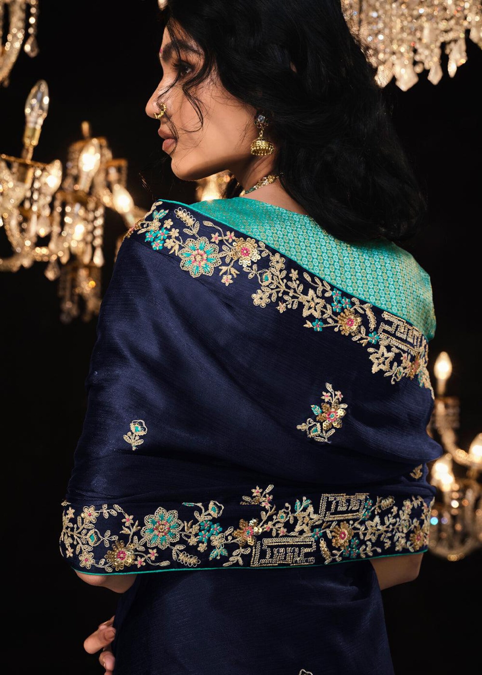 Navy Blue/aqua Blue Jimmy Cho Tissue Silk Saree Beautiful Embroidery ...