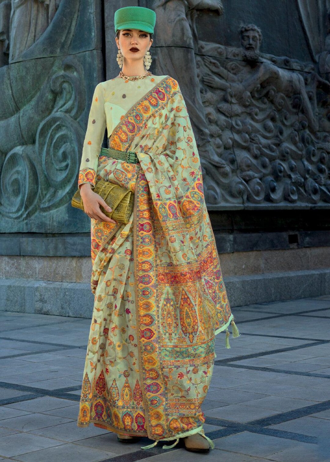 Parrot Green Jamewar Kashmiri Weaving Pashmina Sari With Beautiful Rich ...