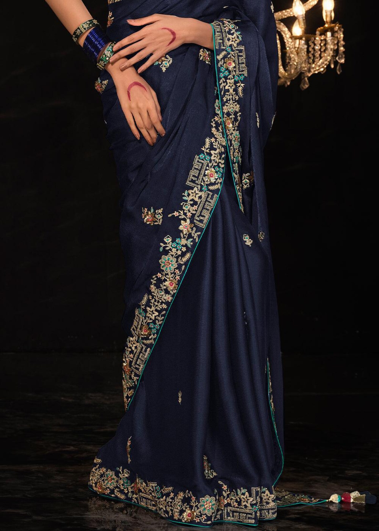 Navy Blue/aqua Blue Jimmy Cho Tissue Silk Saree Beautiful Embroidery ...