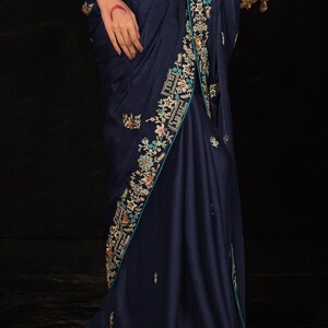 Navy Blue/aqua Blue Jimmy Cho Tissue Silk Saree Beautiful Embroidery ...