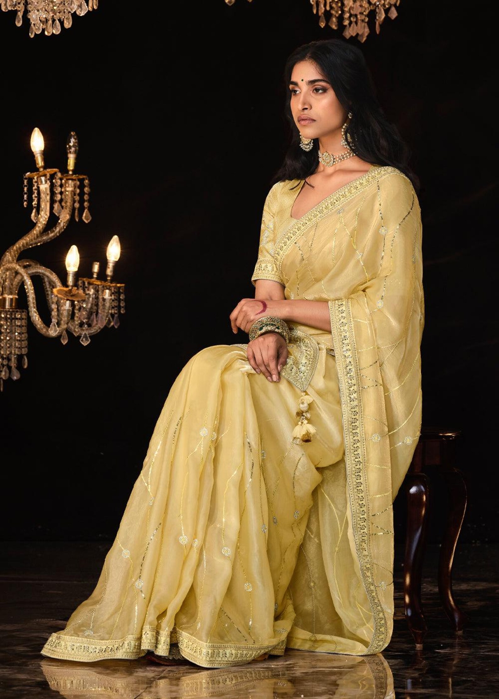 Light Yellow Jimmy Cho Tissue Silk Saree Beautiful Embroidery Border ...
