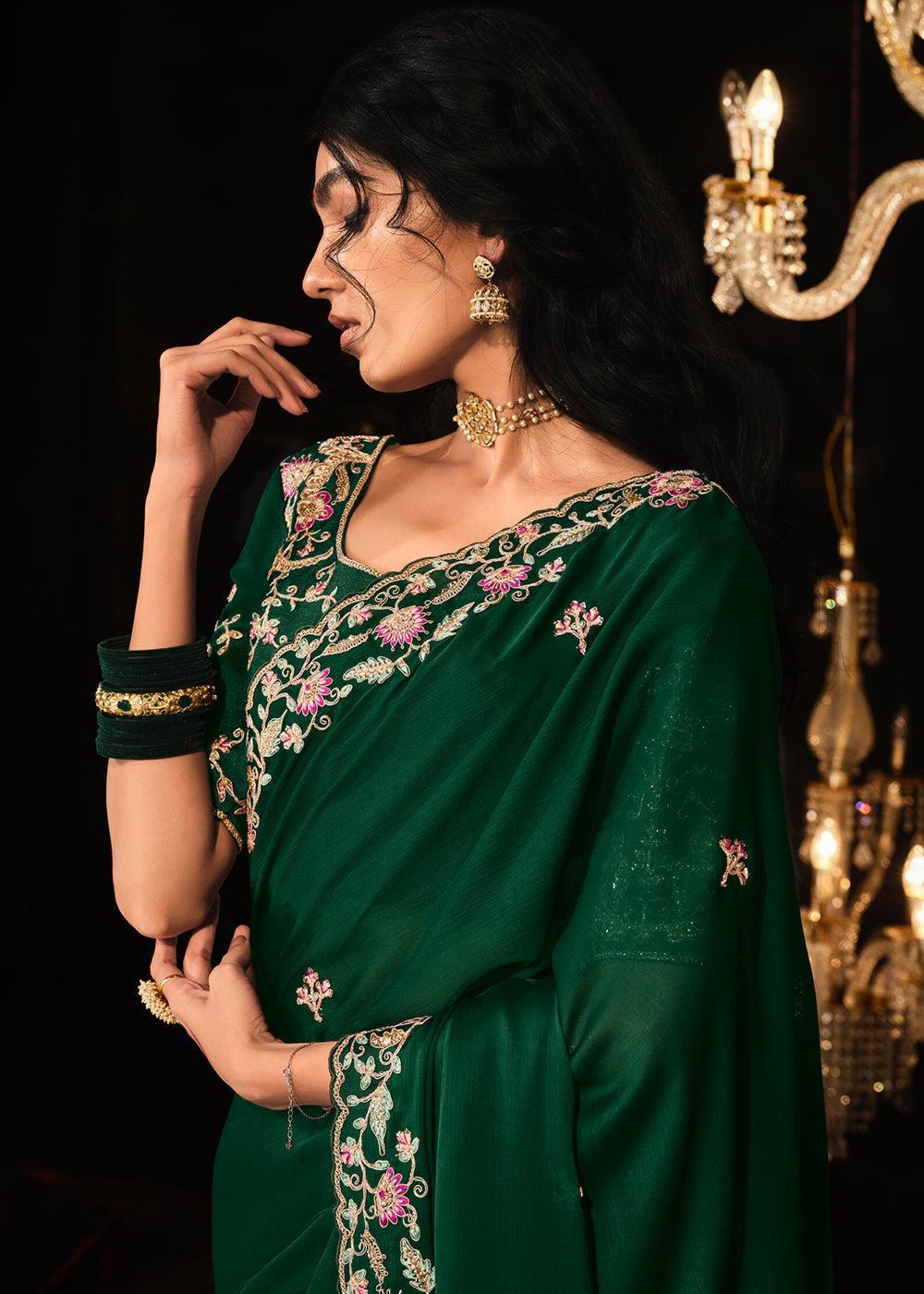Royal Green Jimmy Cho Tissue Silk Saree Beautiful Embroidery Border ...