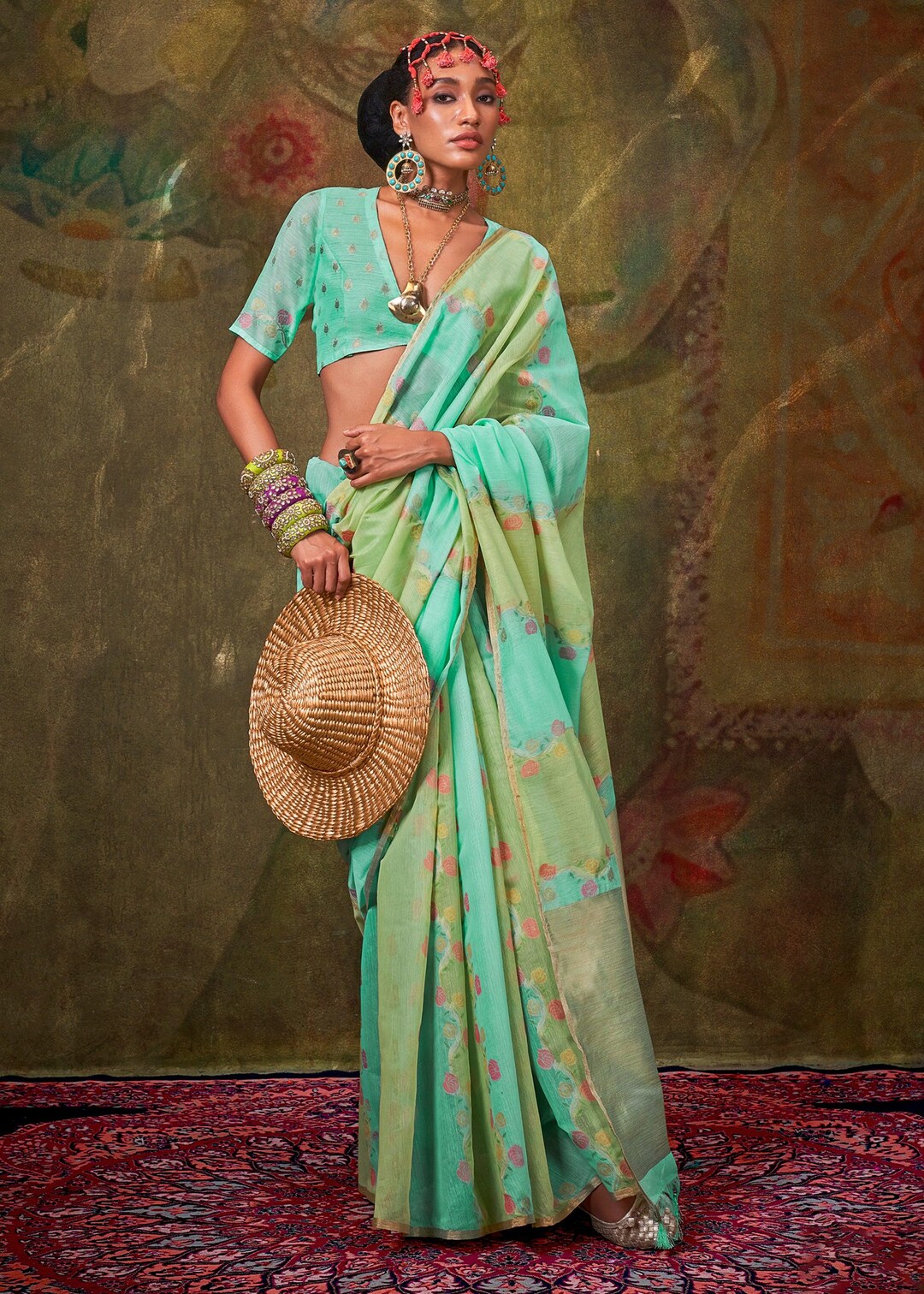 Mint Green Handloom Saree: Lightweight Festive Sari With Unstitched ...