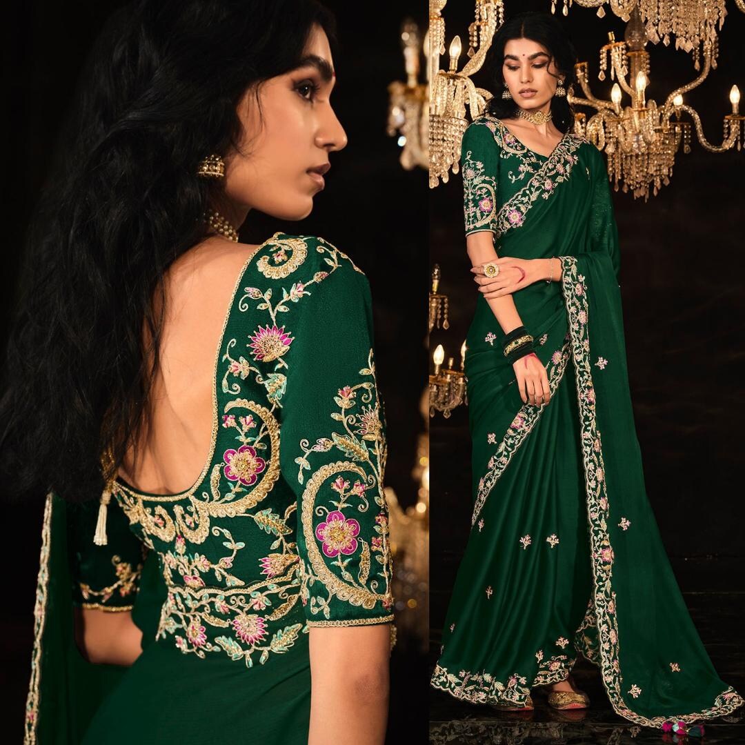 Royal Green Jimmy Cho Tissue Silk Saree Beautiful Embroidery Border ...