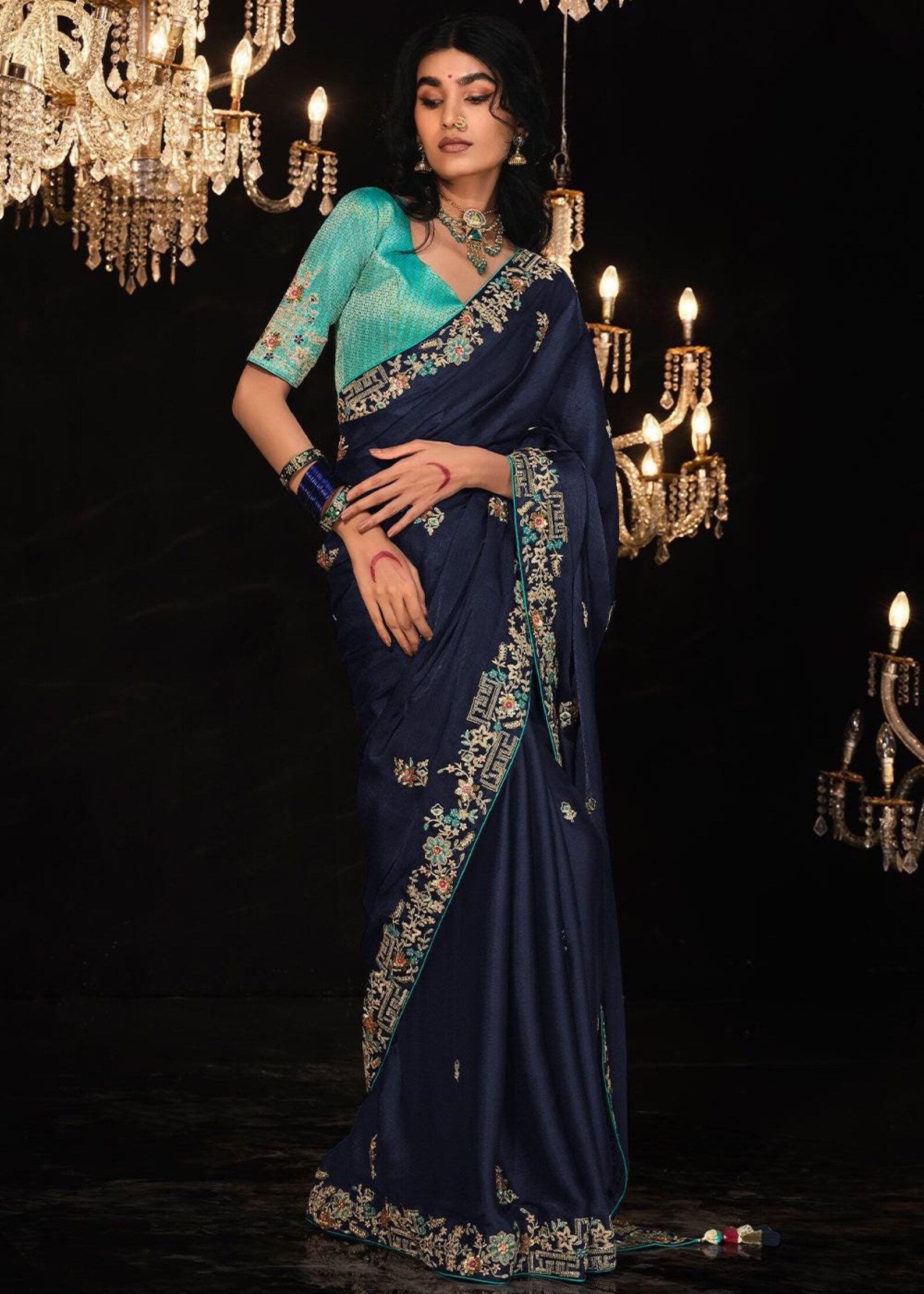 Navy Blue/aqua Blue Jimmy Cho Tissue Silk Saree Beautiful Embroidery ...