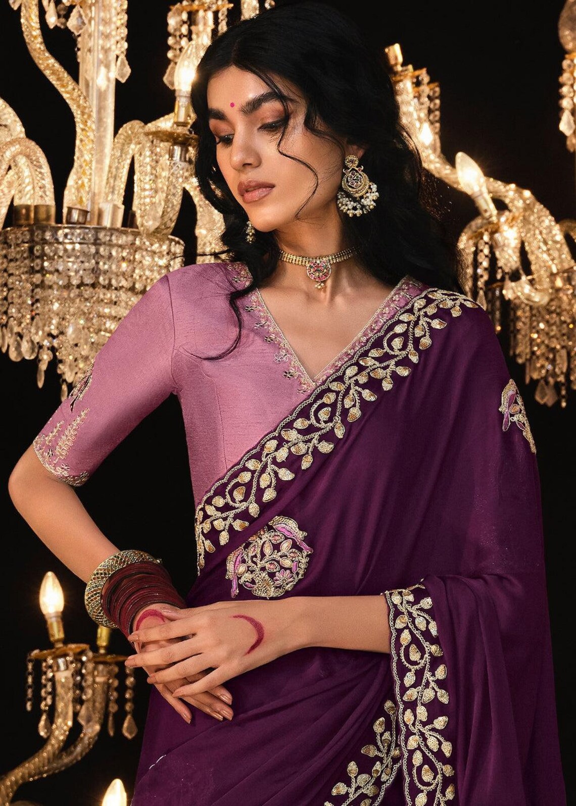 Purple Wine Jimmy Cho Tissue Silk Saree Beautiful Embroidery Border ...