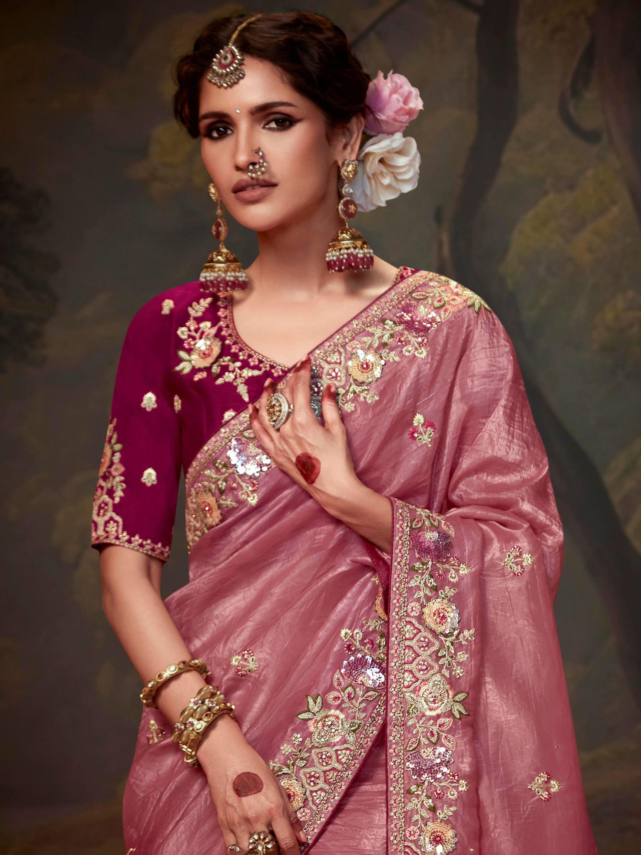 Dusty Pink Embroidered Work Organza Silk Wedding Wear Stunning Saree ...