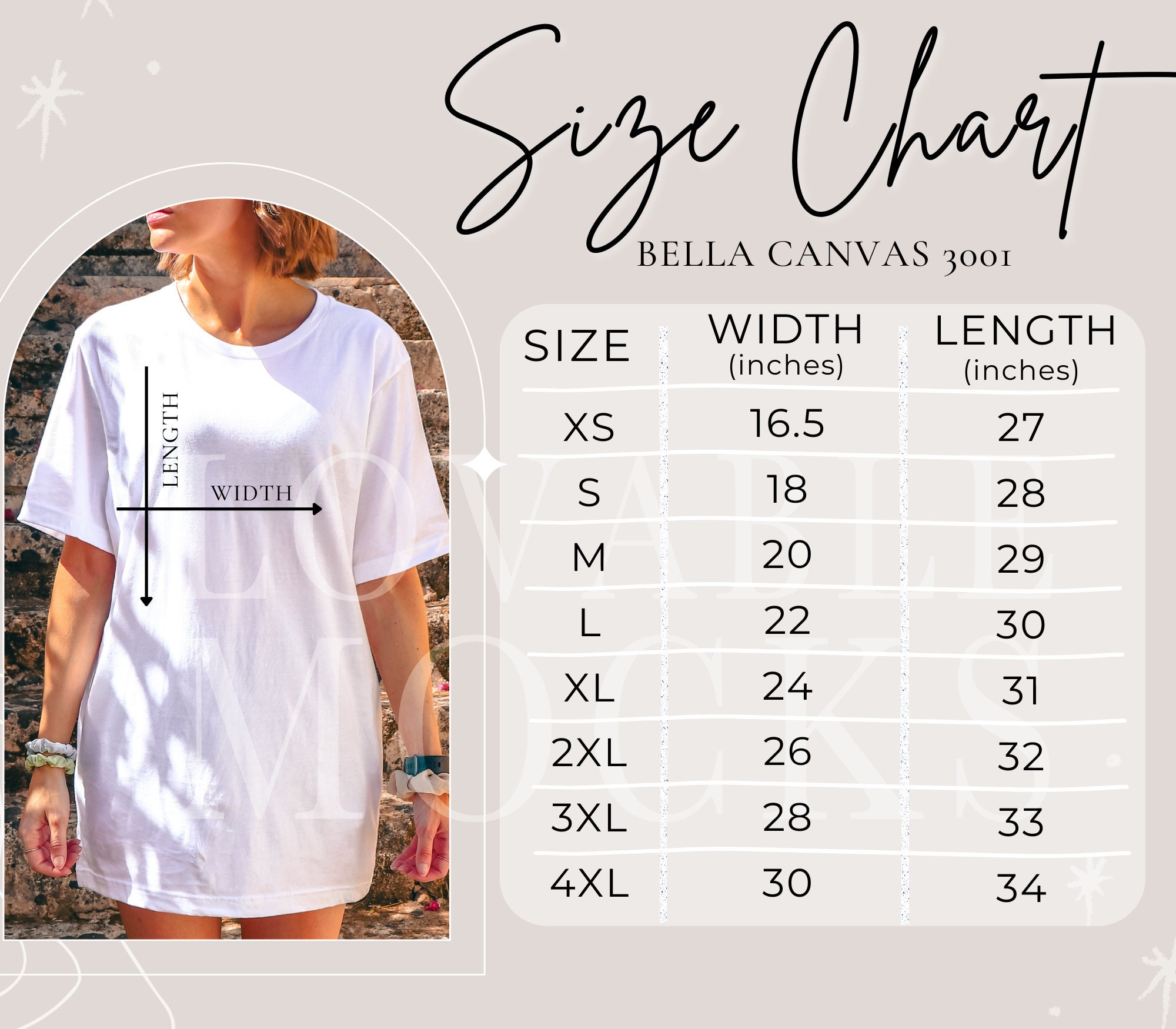 Bella Canvas 3001 Size Chart Bella and Canvas Sizing Chart - Etsy