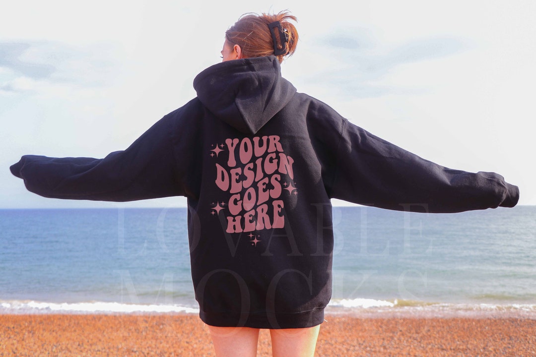 Gildan 18500 Black Hoodie Mockup, Back of Hoodie Mockup, Beach Mockup ...
