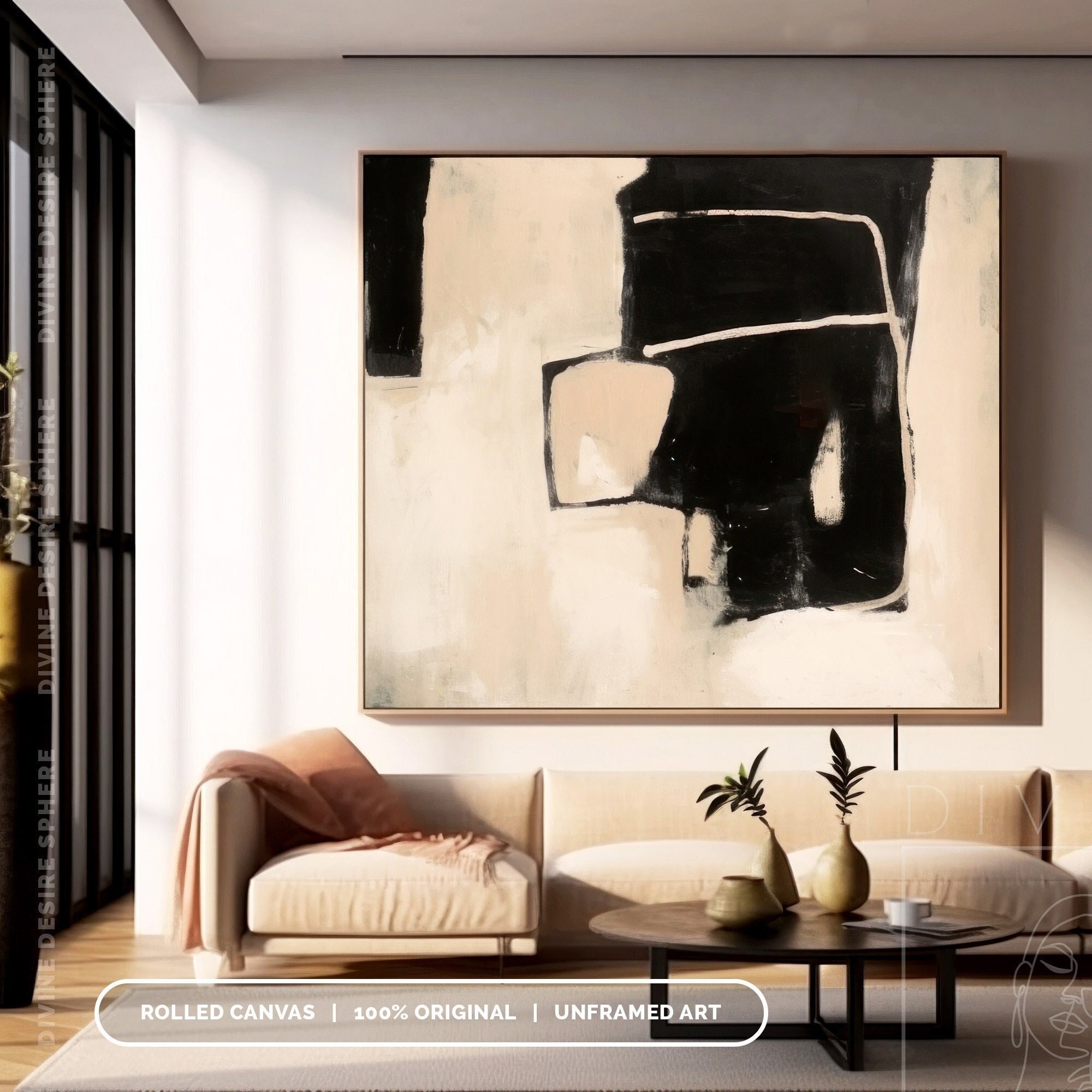 Large Wabi-sabi Abstract Painting on Canvas, Original Handmade Beige Canvas Wall Art, Minimalist ...