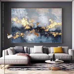 Creative Custom Horizontal Blue & Golden Texture Wall Art, Calming ...