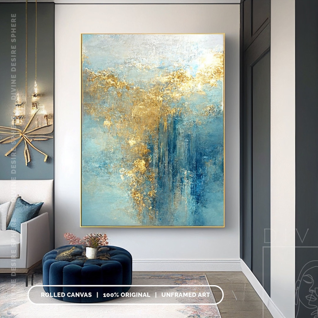 Extra Large Blue Canvas Art, Oversized Abstract Artwork, Handmade Blue ...