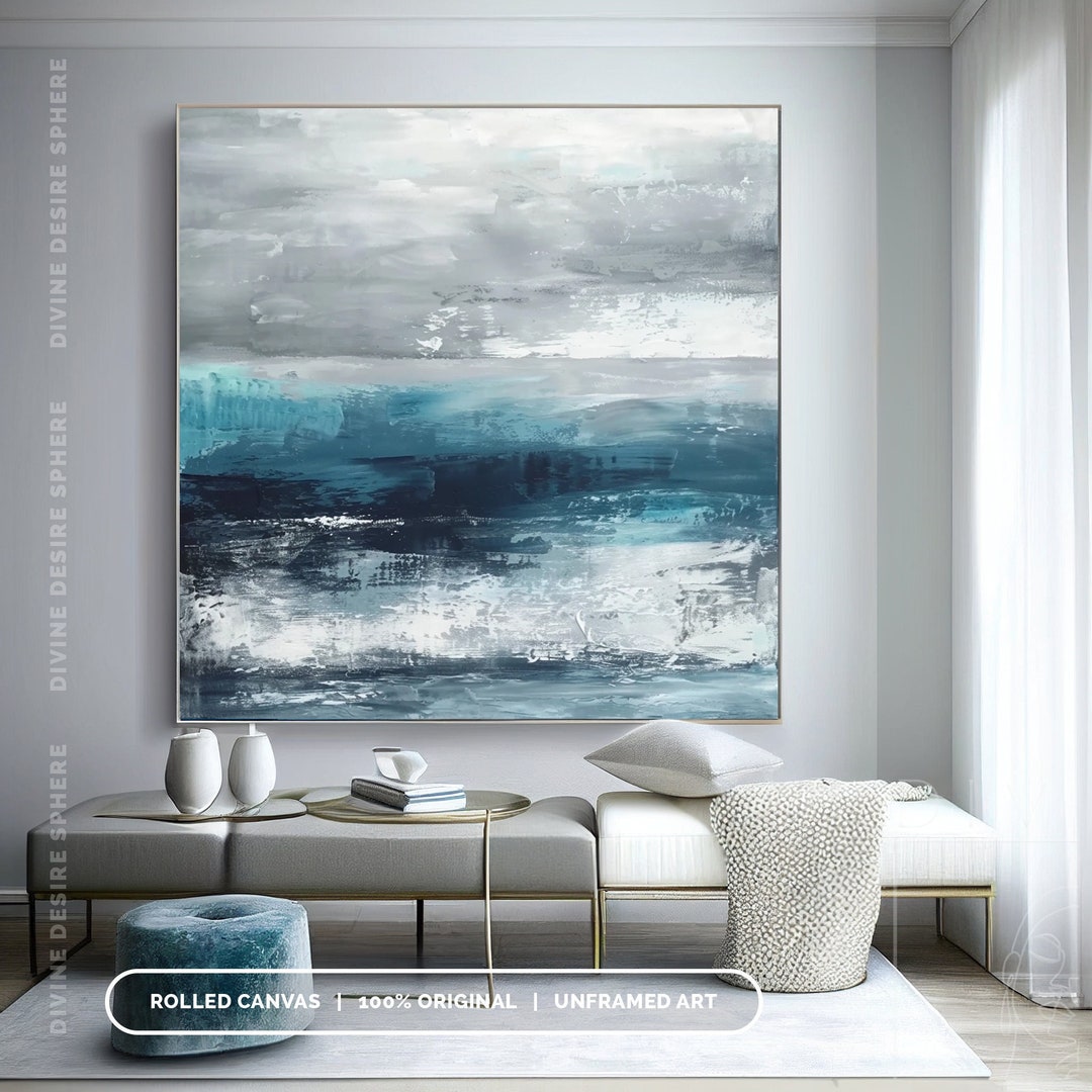 Extra Large Simple Blue Abstract Wall Art, Hand-painted Navy Blue Room ...