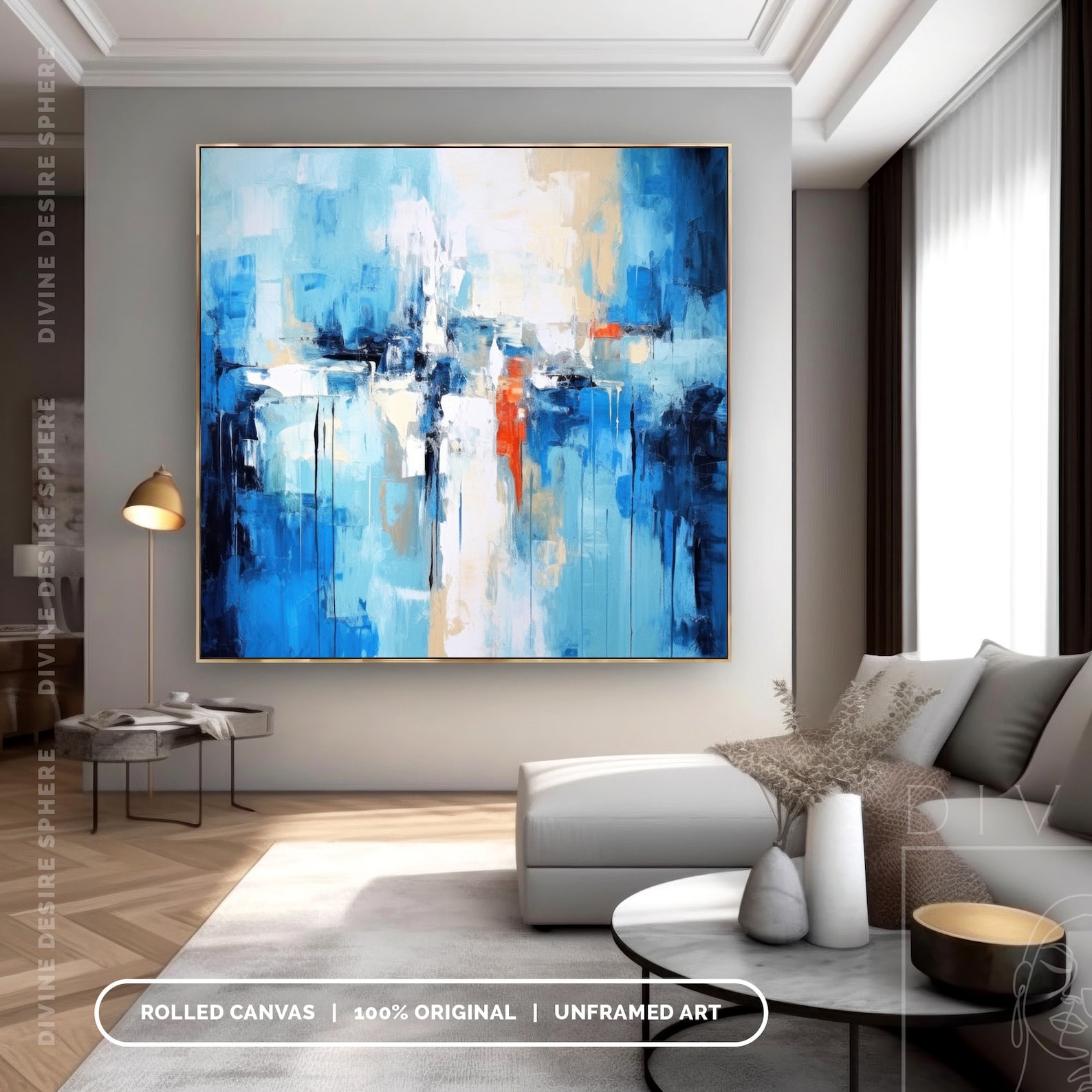 Extra Large Blue Abstract Canvas Wall Art, Colorful Palette Knife Oil ...