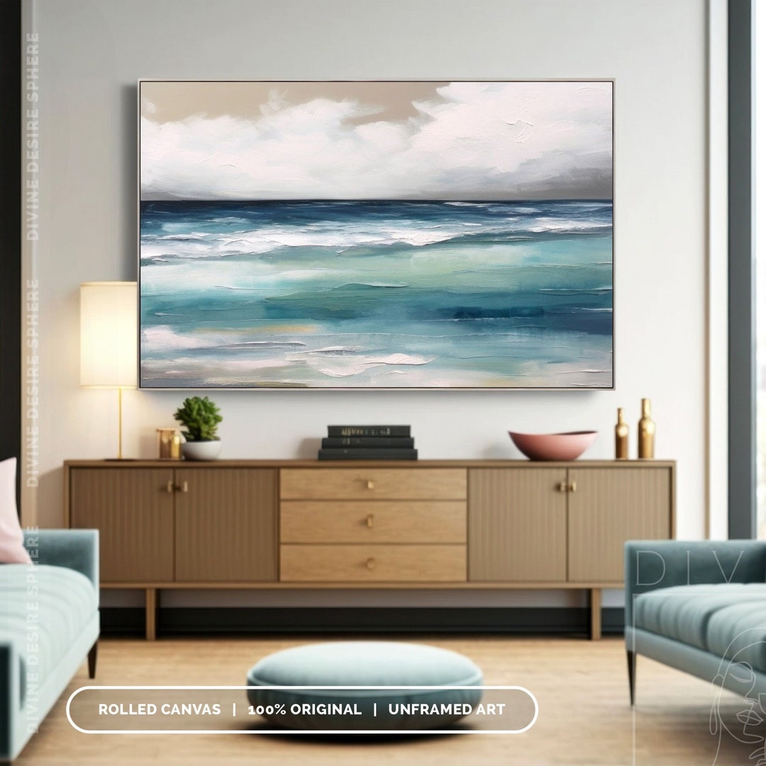 Blue Ocean Canvas Wall Art for Living Room, Hand-painted Blue Sea ...